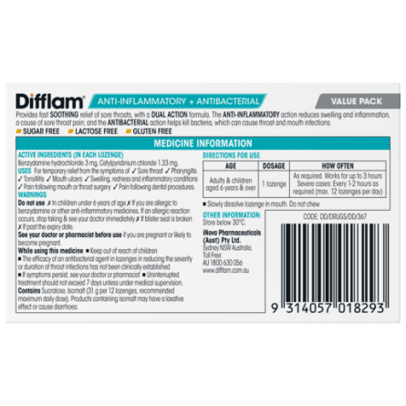 Buy Difflam Lozenge Dual Action Honey Lemon 32 online at Cincotta ...
